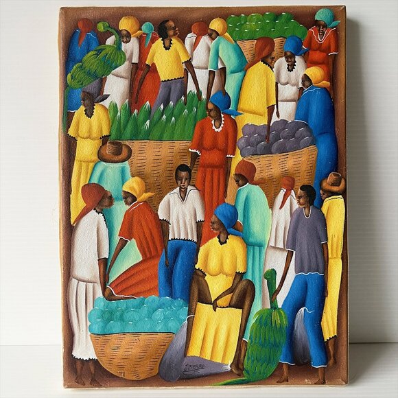 Wall Decor | Vintage Original Signed J Pierre Haitian Market Scene Folk ...